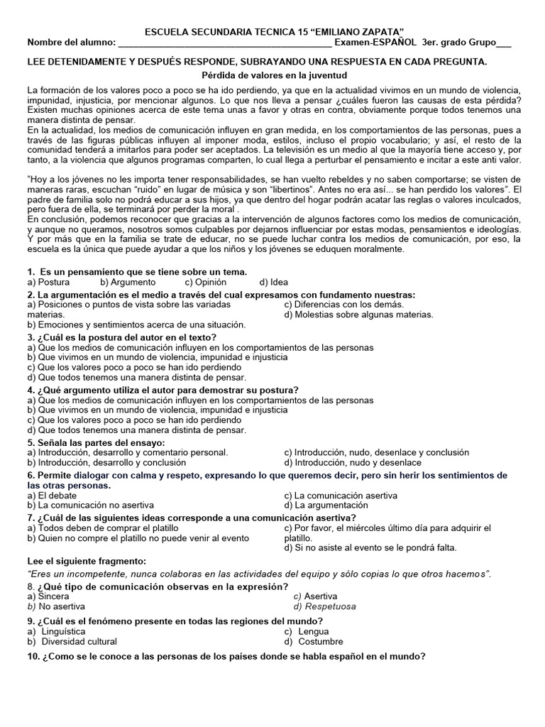 Examen de Español 3er Grado 2024 | PDF