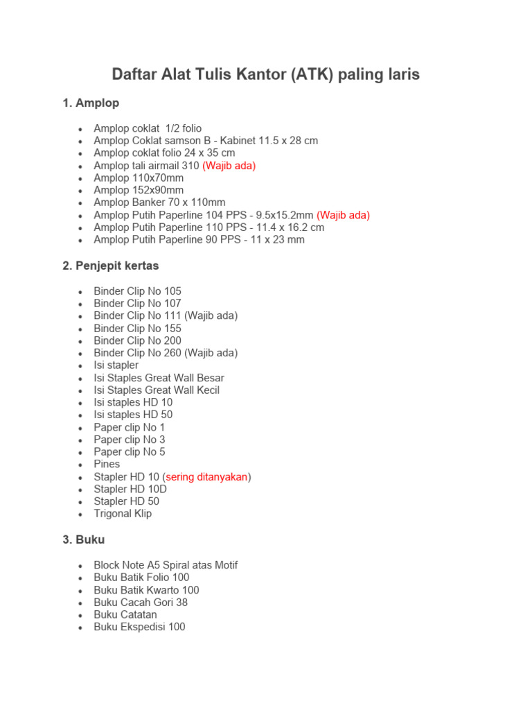 Daftar Alat Tulis Kantor (ATK) | PDF