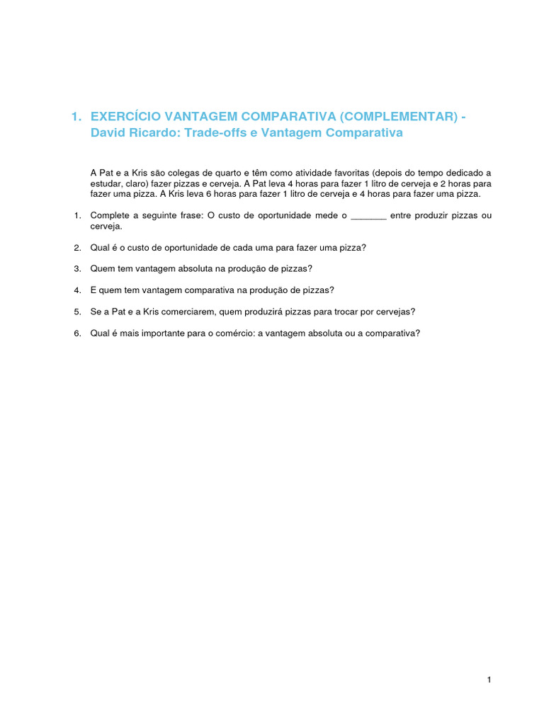 Exercício Vantagem Comparativa (Complementar) | PDF