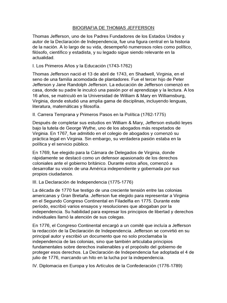 Biografia de Thomas Jefferson | PDF | Thomas Jefferson | Declaración de ...