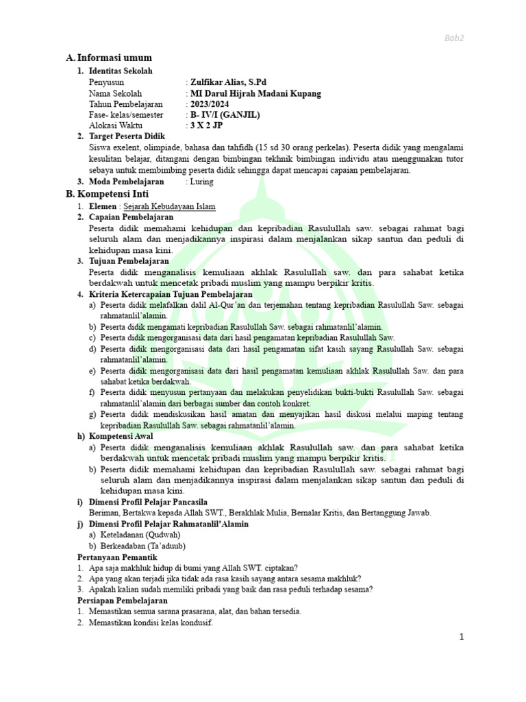 Modul Ajar Bab2 SKI Kls 4 Sem1 23-24 | PDF