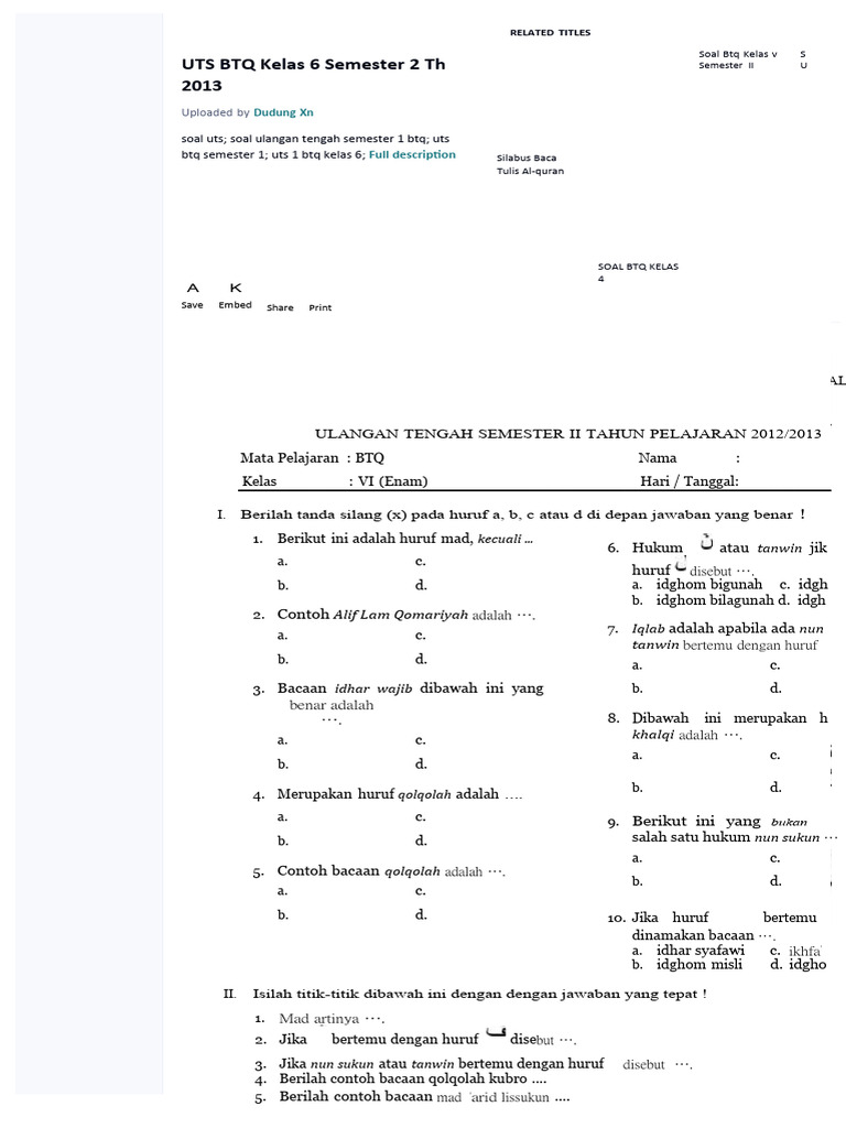 Soal BTQ Kls 6pdf | PDF