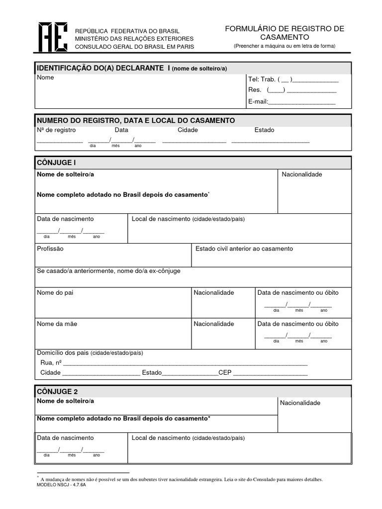 Formulario Registro de Casamento | PDF | Nacionalidade | Casamento Formulario Registro de Casamento | PDF | Nacionalidade | Casamento