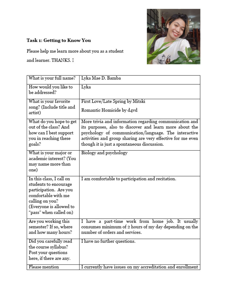 Activity 1 Getting To Know You - Bamba | PDF | Communication | Cognitive Science