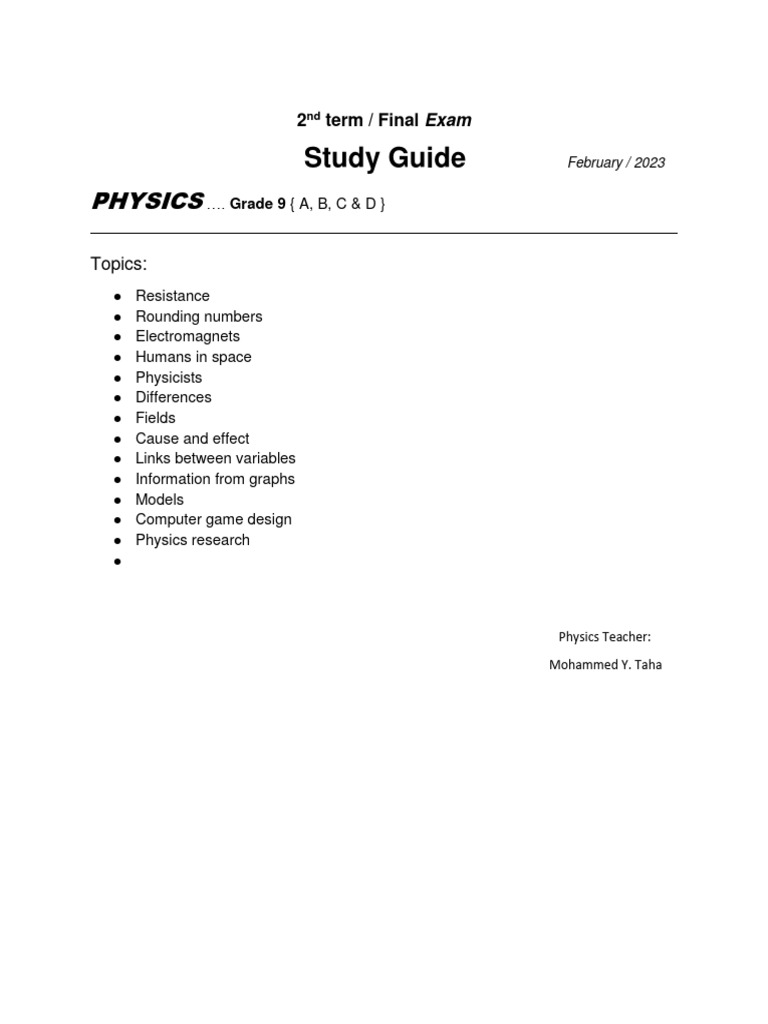 Physics Study Guide G9 Second Term Final Exam 2023 | PDF | Teaching ...
