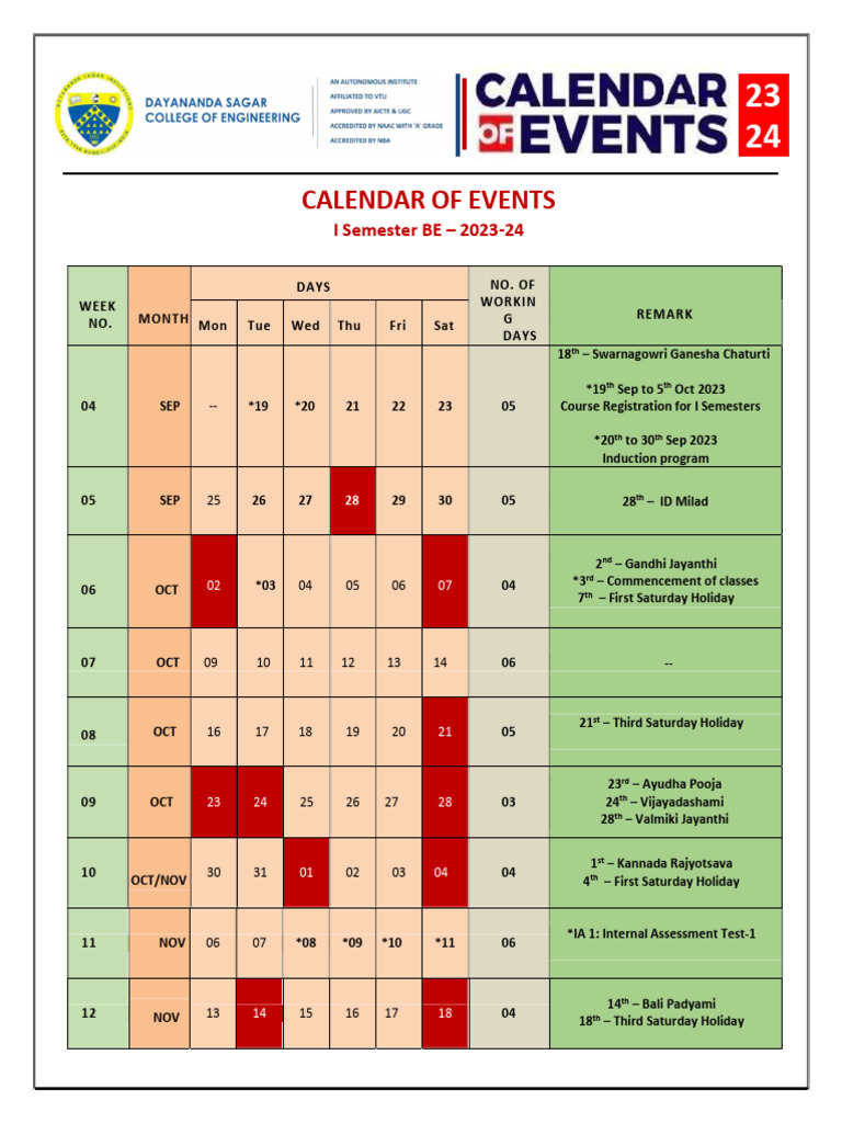 1st Semester Calendar of Events 2023-2024 | PDF