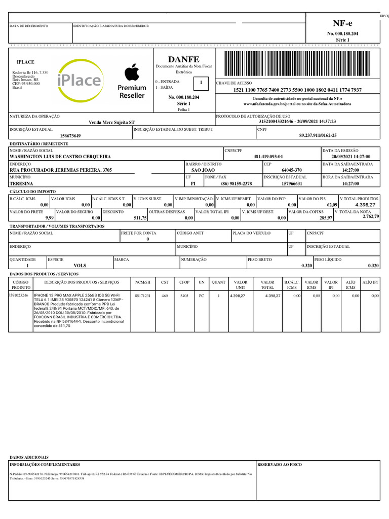 Nota Fiscal de iPhone e Produtos Apple | PDF | Recibo | iOS