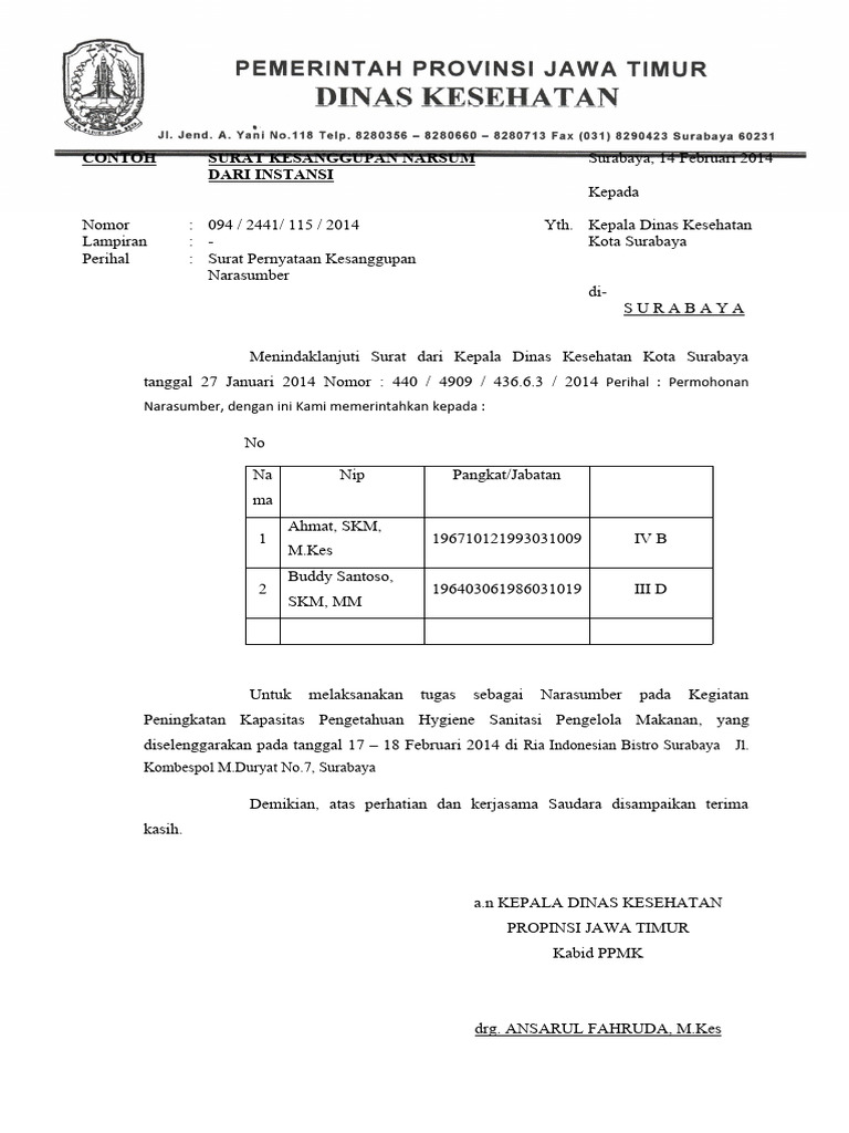 Contoh Surat Kesanggupan Narsum Dari Instansi | PDF