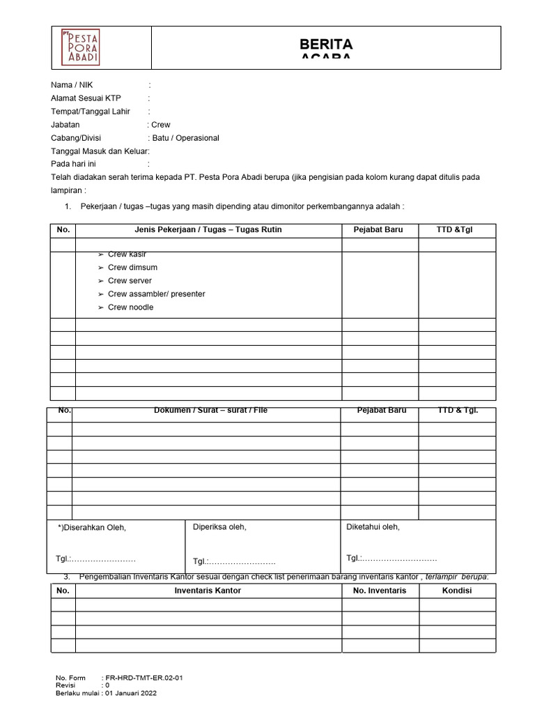 Form Ba Serah Terima Pekerjaan. Rev.01 | PDF