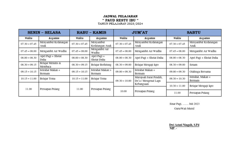 Jadwal Pelajaran Paud | PDF