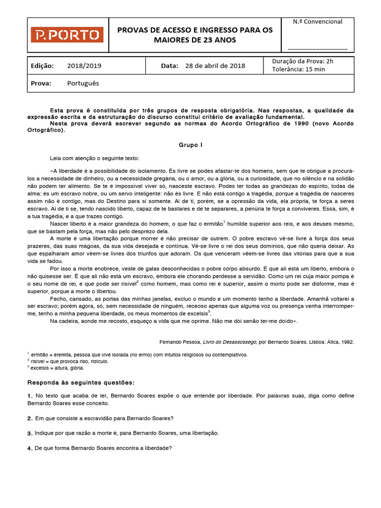 Modelo - Prova de Português | Download grátis PDF | Liberdade | Cafeína