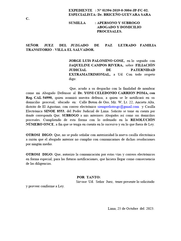 Apersonamiento y Subrogo Abogado - (Jorge Luis Palomino Gose) | PDF