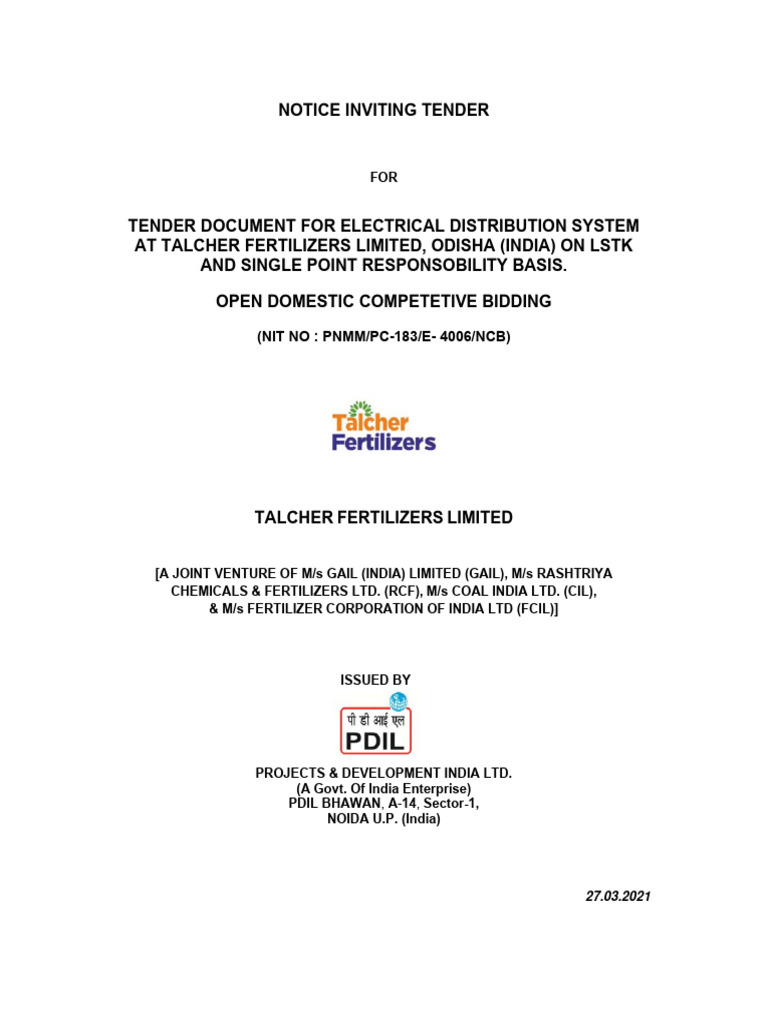 Notice Inviting Tender: (NIT NO: PNMM/PC-183/E-4006/NCB) | PDF ...
