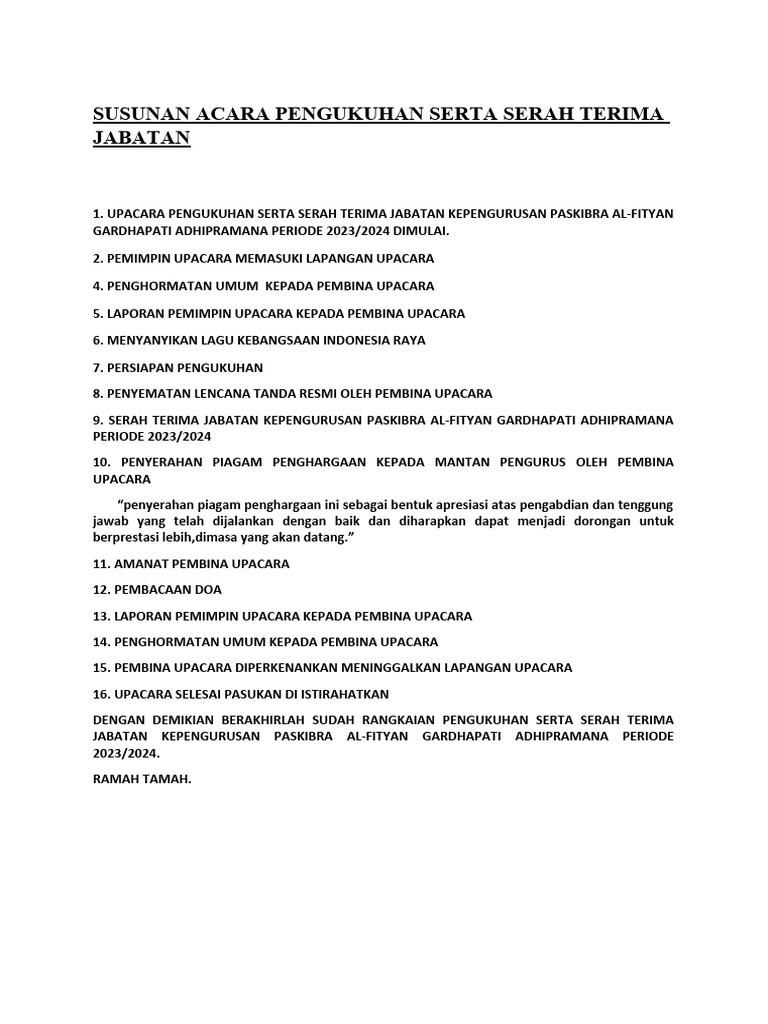 Susunan Acara Pengukuhan Serta Serah Terima Jabatan | PDF Susunan Acara Pengukuhan Serta Serah Terima Jabatan | PDF