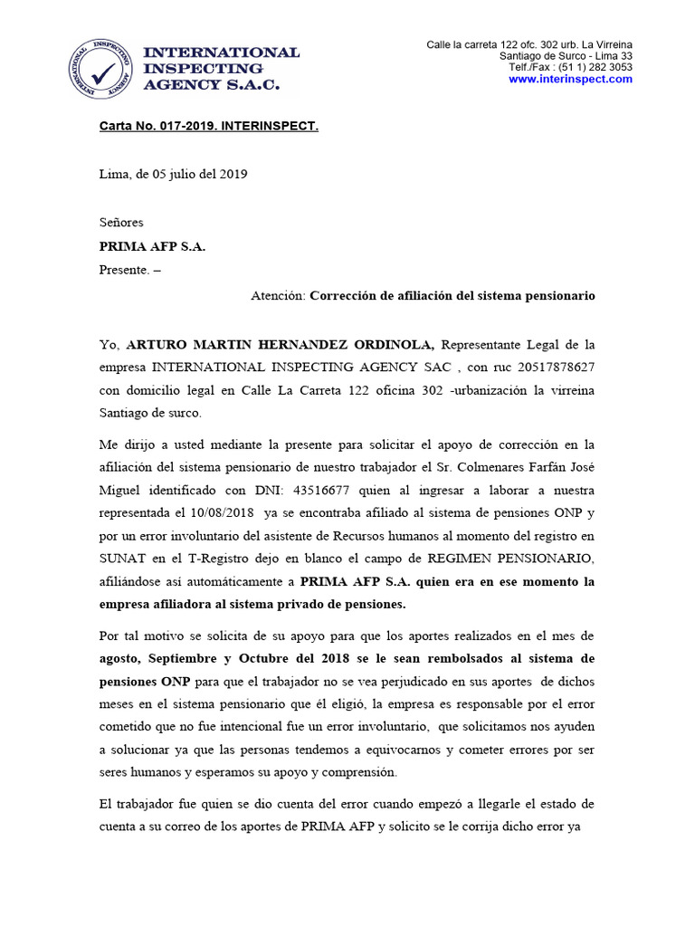 Carta 017-2019 Afp Prima | PDF