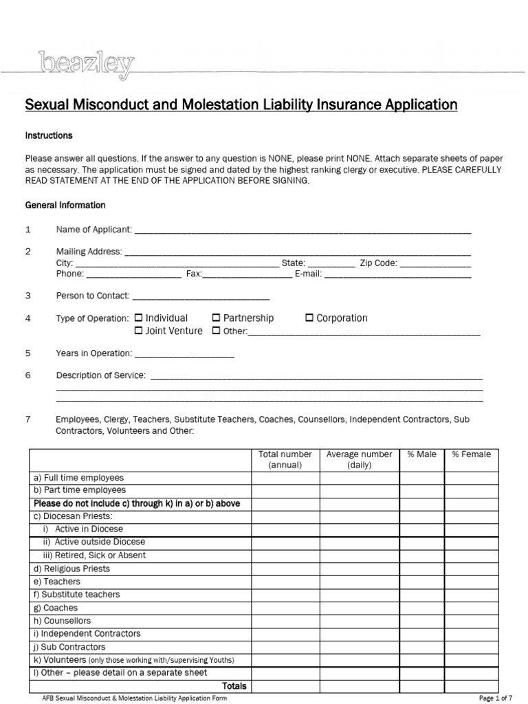 Sexual Misconduct Liability Application | PDF | Sexual Abuse | Insurance
