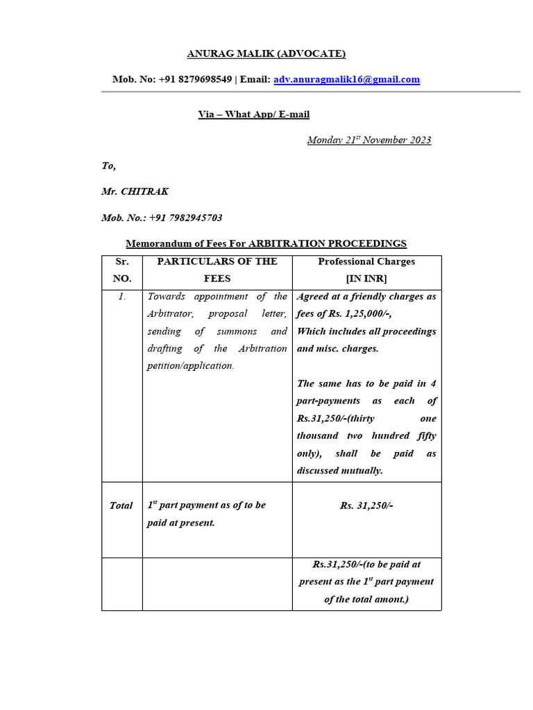 Arbitration 1st Part Memo Dated 21.11.2023 | PDF