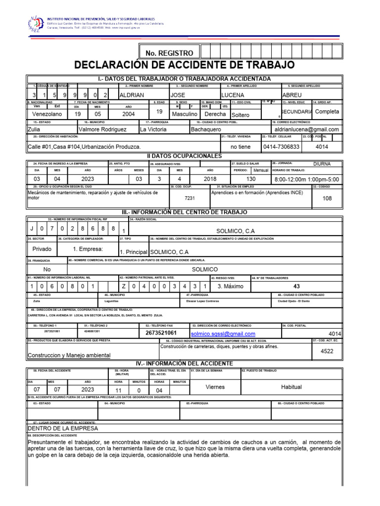 Declar de Accid Aldrian Lucena | PDF | Lesión | Quemar