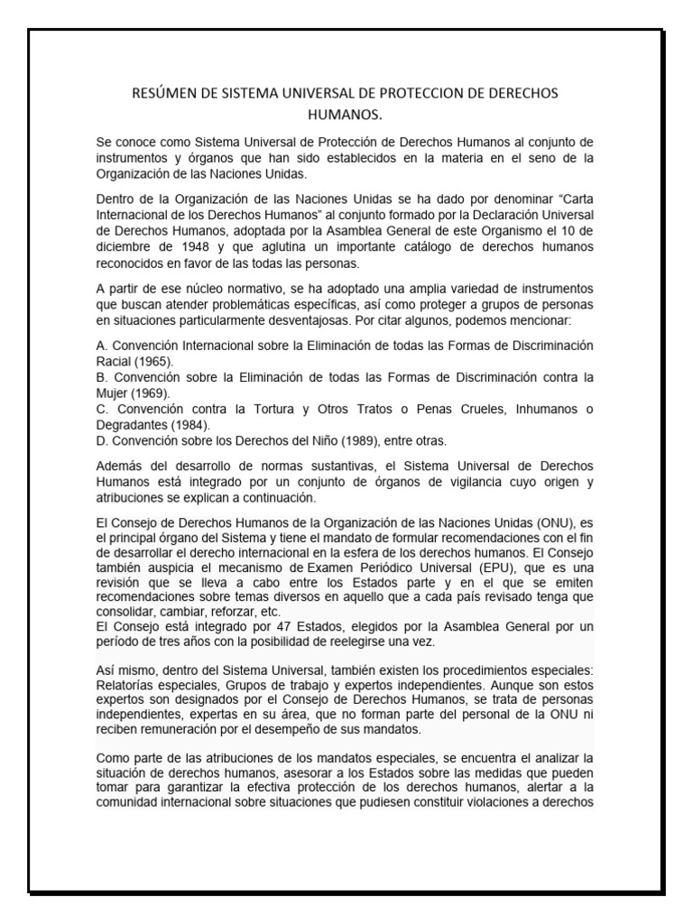 Resúmen de Sistema Universal de Proteccion de Derechos Humanos | PDF | Convenio europeo de ...