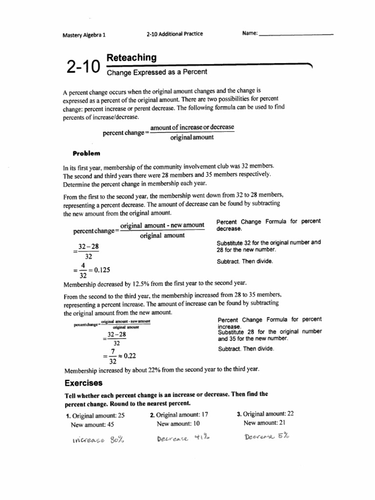 2-10 Reteach Practice - Answers | PDF