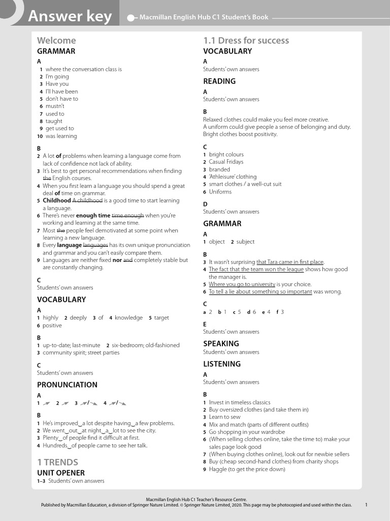 MEH C1 StudentsBook Answer Key | PDF