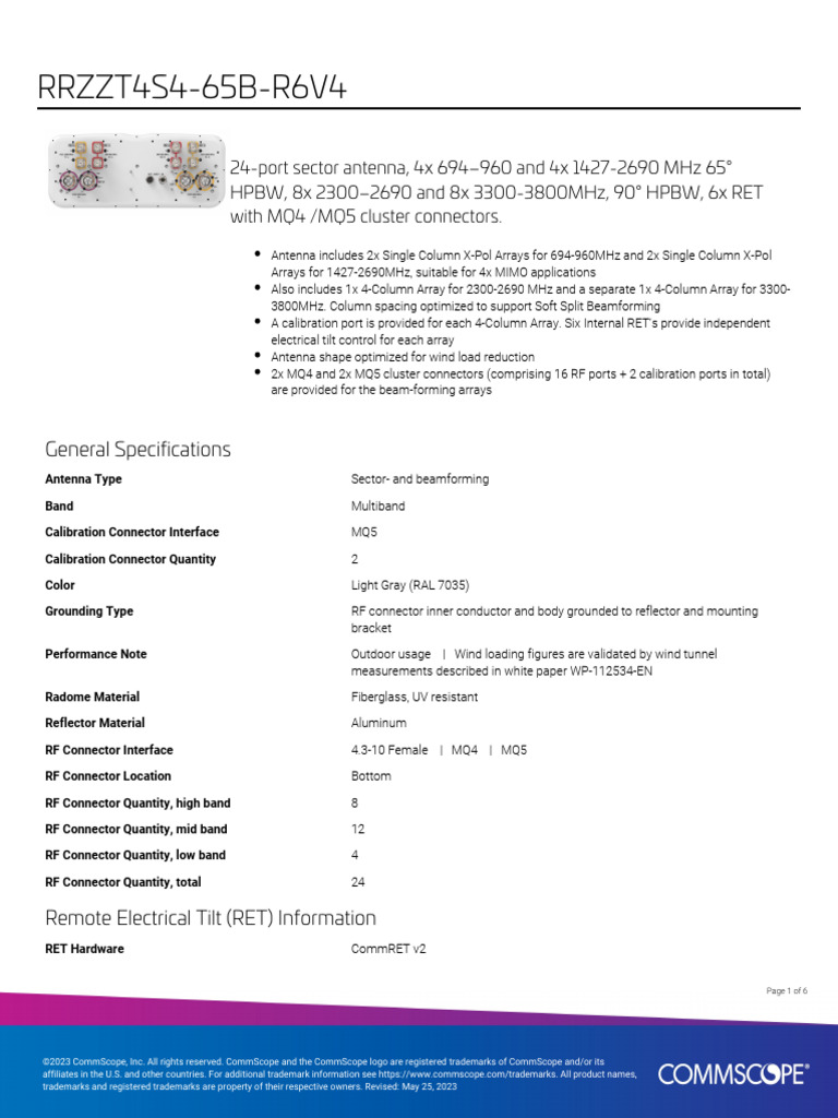 Commscope RRZZT4S4-65B-R6V4 | PDF | Antenna (Radio) | Electromagnetism