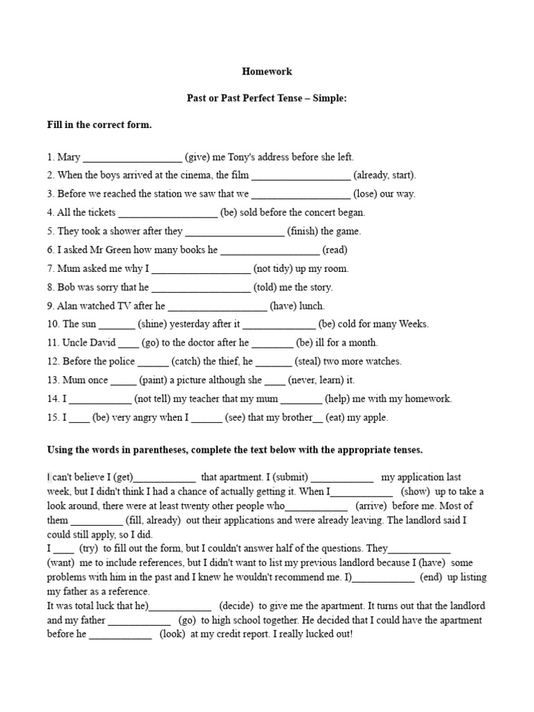 Past Simple Vs Past Perfect - Exercises | PDF