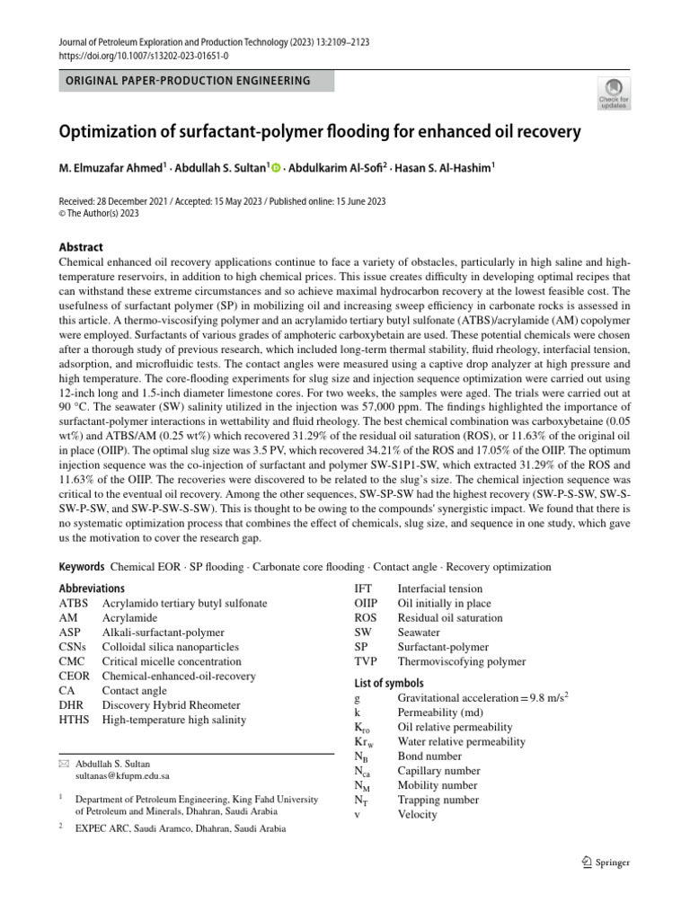 Optimization of Surfactant Polymer Flooding For Enhanced Oil Recovery ...