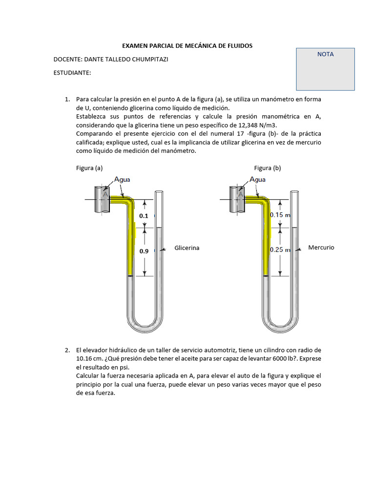 Examen Parcial de Mecánica de Fluidos | PDF | Presión | Líquidos