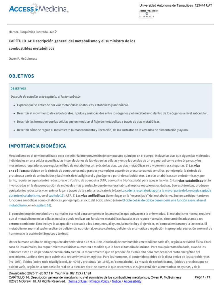CAPÍTULO 14 - Descripción General Del Metabolismo y El Suministro de Los Combustibles ...