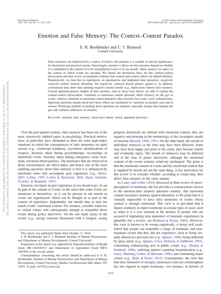 Emotion and False Memory - The Context-Content Paradox | PDF | Memory | Emotions