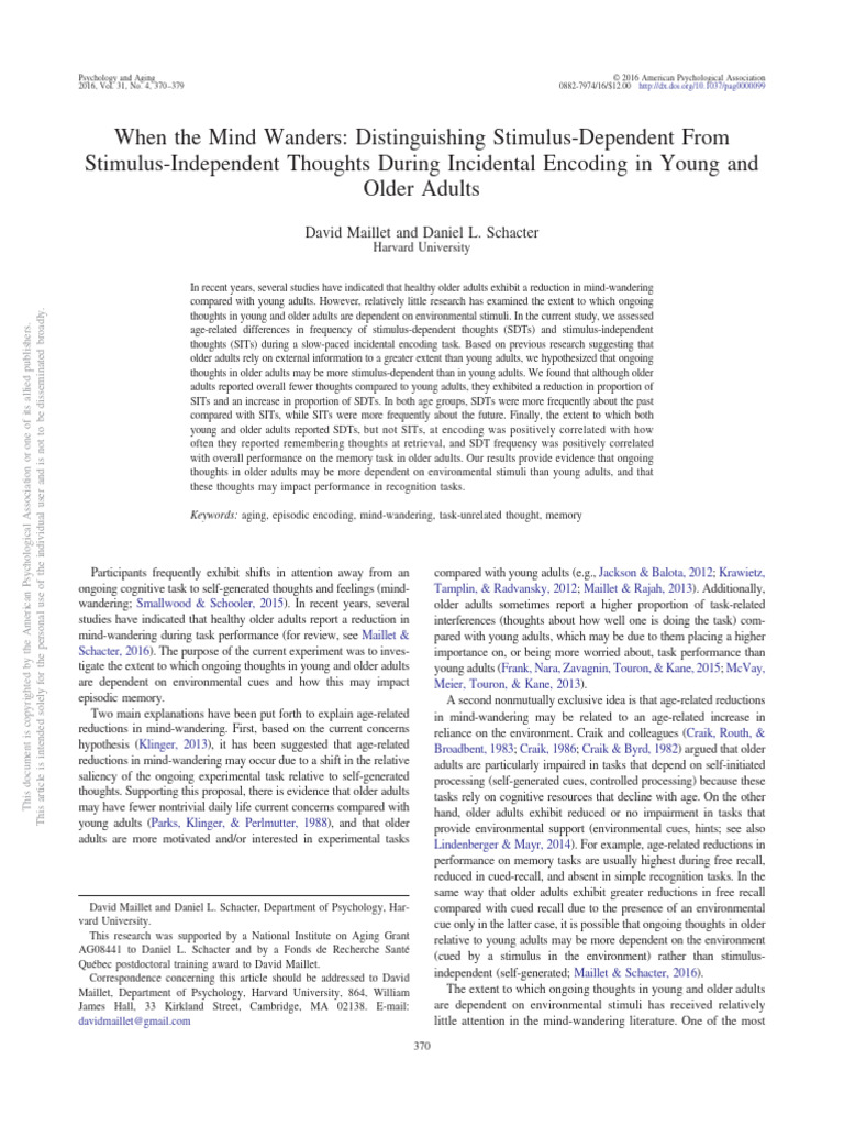 When The Mind Wanders Distinguishing Stimulus-Dependent From Stimulus-Independent Thoughts ...