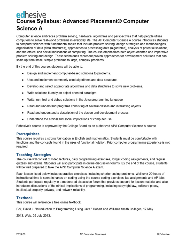 Edhesive AP Computer Science A Syllabus 19 20 | PDF | Class (Computer ...
