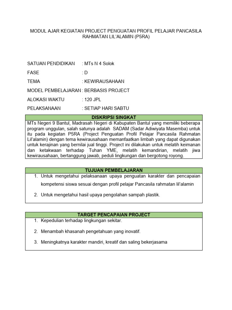 Modul Ajar P5RA Kewirausahaan MTs | PDF | Karier & Perkembangan | Seni