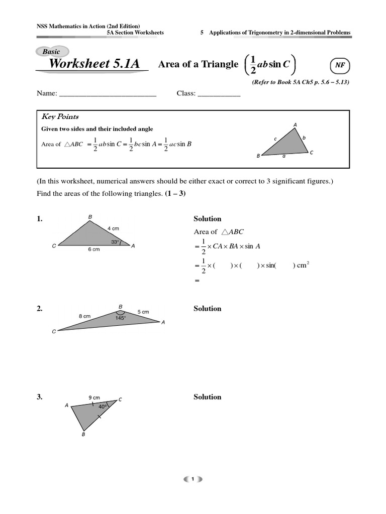 Worksheet 5.1A: Area of A Triangle 2 1 | PDF | Area | Trigonometry