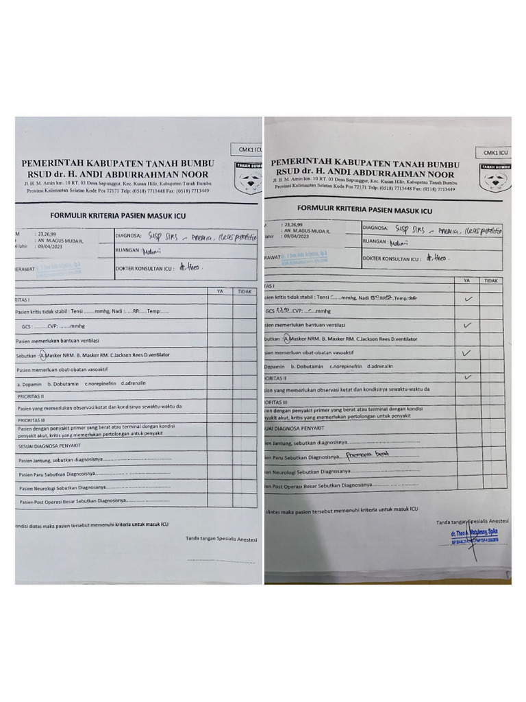 Form Masuk Icu | PDF