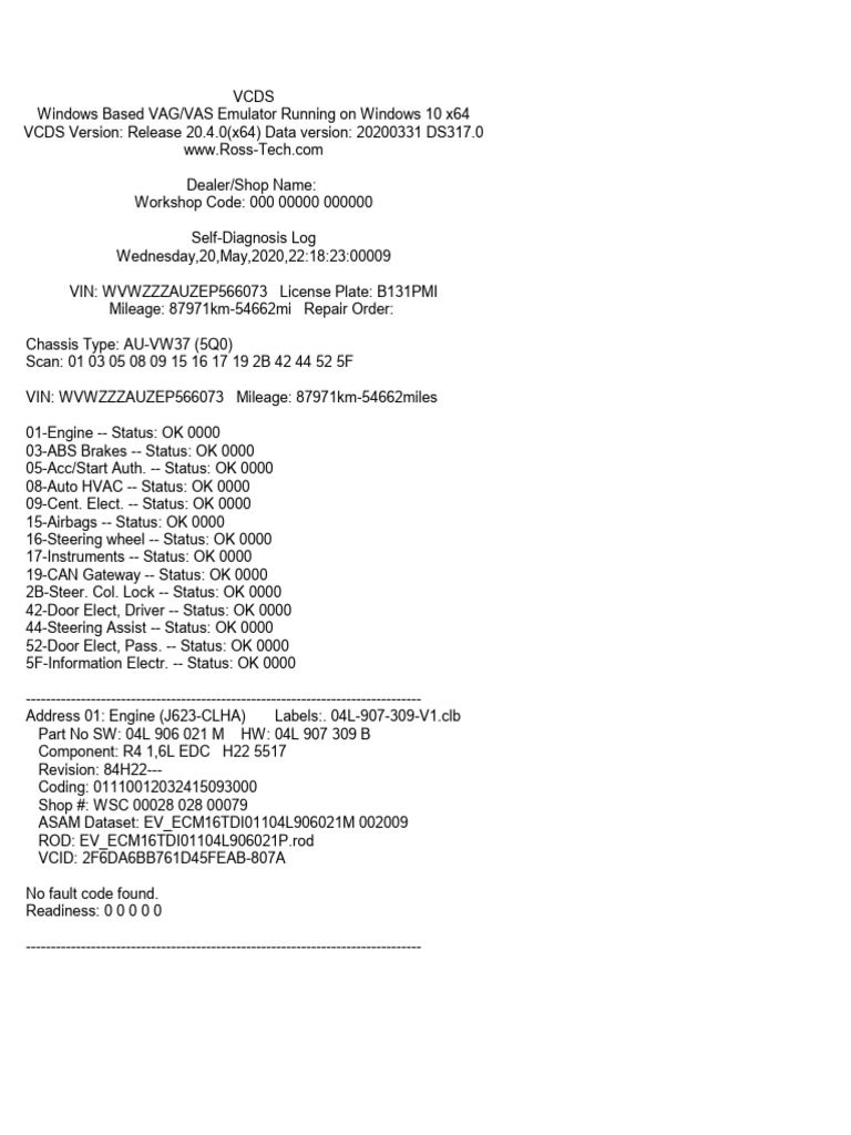 B131pmi Vw Golf Diagnostics 20 05 2020 After Deleting Errors Pdf Product Introductions