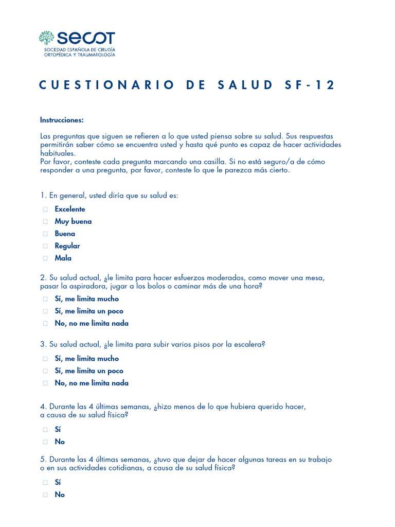 Cuestionario de Salud SF12 | PDF