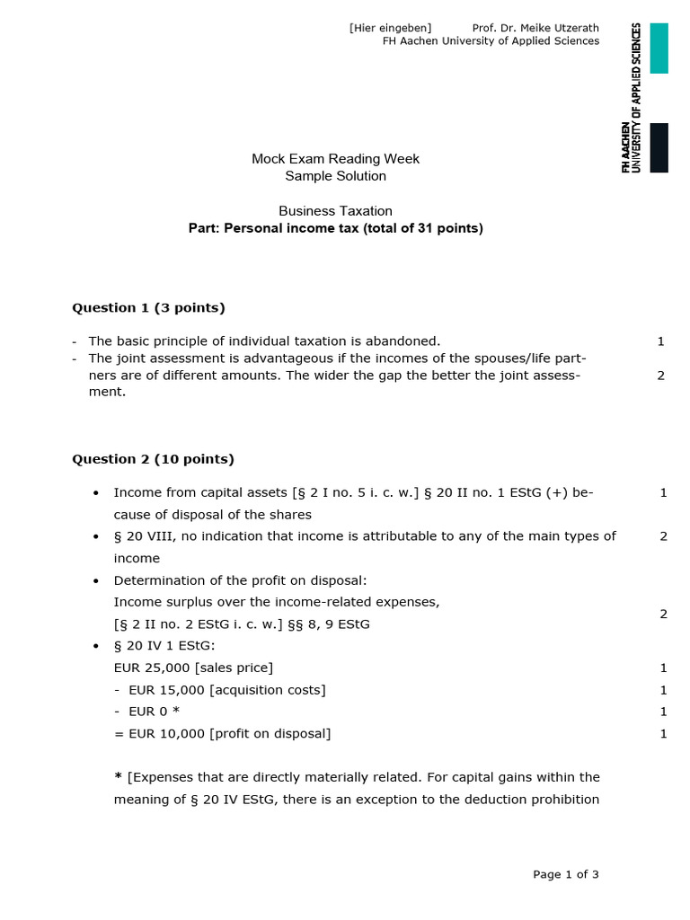 Business Taxation Mock Exam Solutions | PDF | Income | Taxes