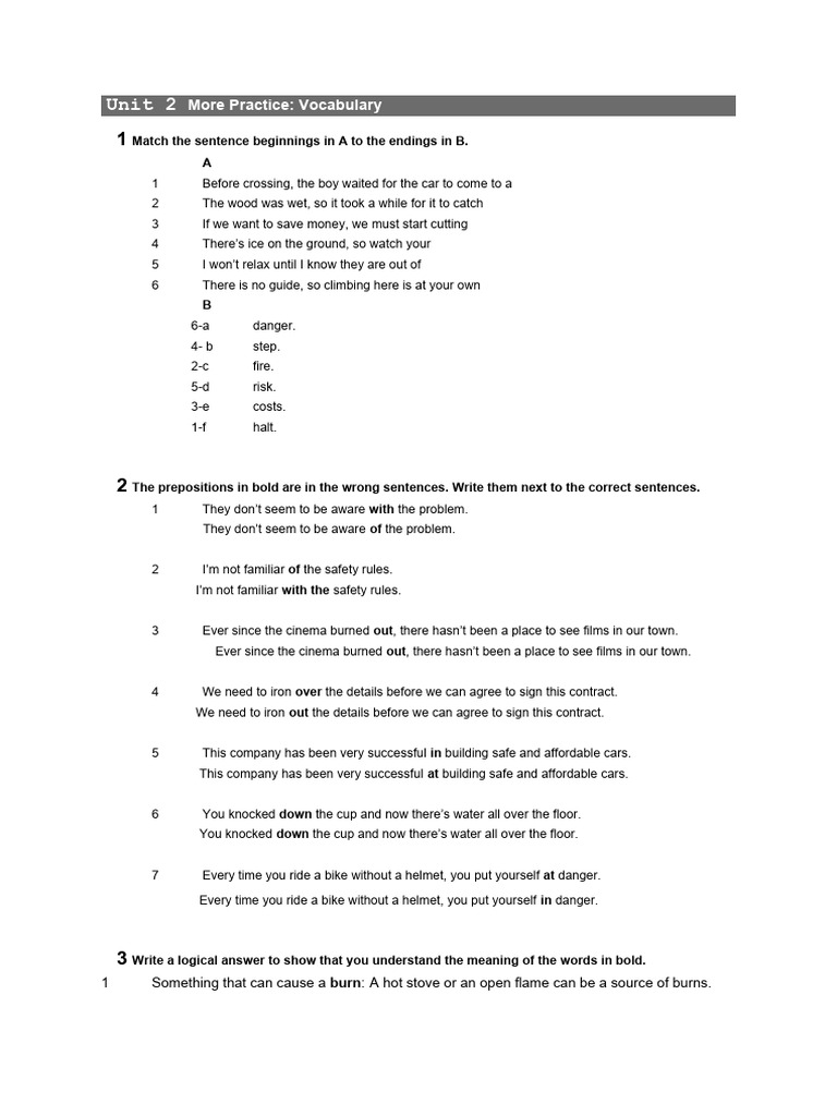 Unit 2 More Practice - Vocabulary | PDF | Safety