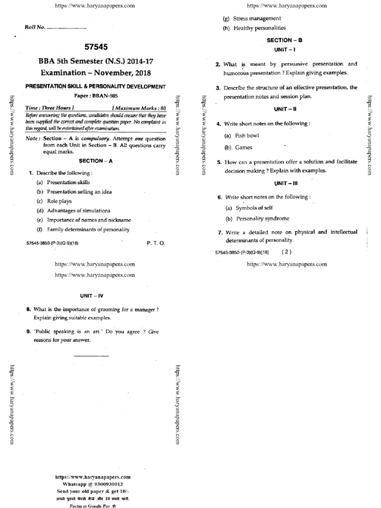 Bba 5 Sem Presentation Skill and Personality Development 57545 Nov 2018 | PDF