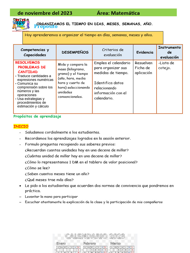 SESIÓN Organizamos El Tiempo - MATEMATICA | PDF | Calendario | Evaluación