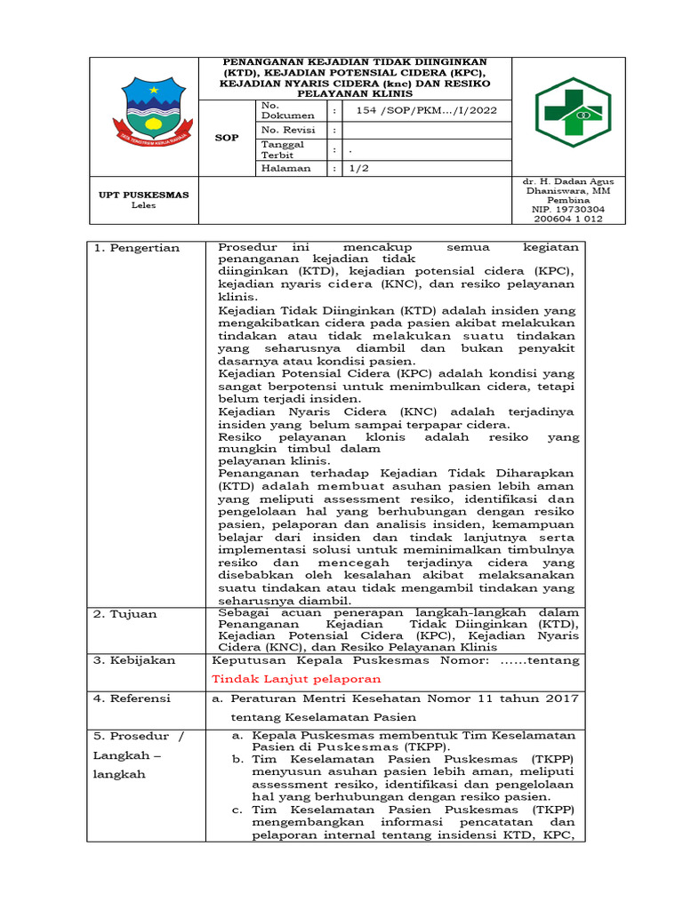 Sop Penanganan KTD, KNC, KPC Dan Risiko Pelayanan Klinis | PDF
