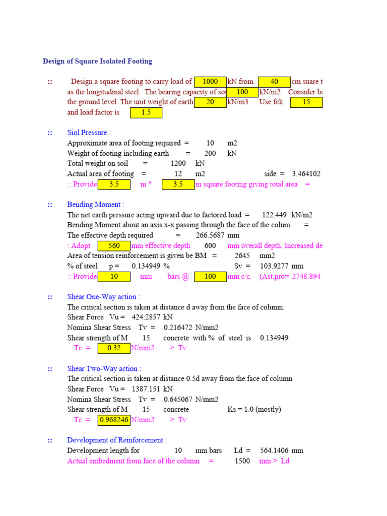 Design of Square Isolated Footing | PDF | Column | Continuum Mechanics