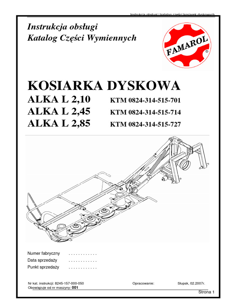 Katalog Cz ci Unia Famarol Kosiarka ALKA L 2 10 2 45 2 85 PDF