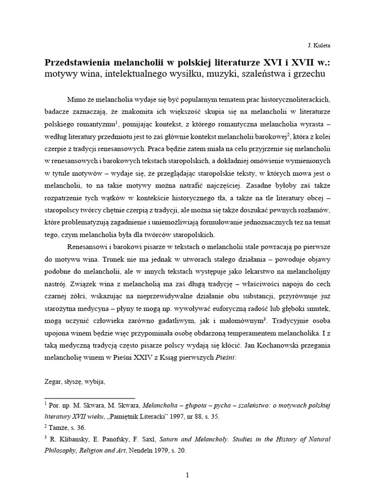 J. Kuleta, Przedstawienia Melancholii W Literaturze Renesansu I Baroku ...