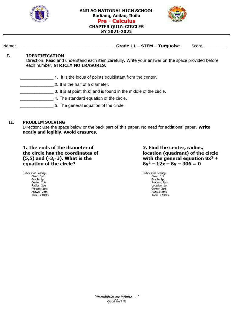 Circles-Long Quiz | PDF | Circle | Mathematical Analysis