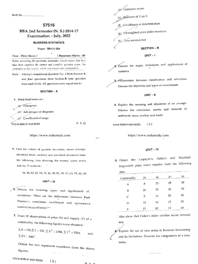Bba 2 Sem Business Statistics 57516 Jul 2022 | PDF