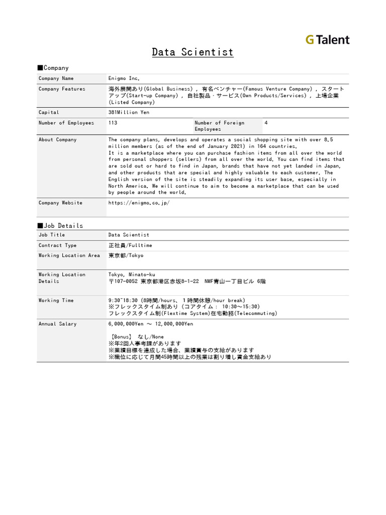 Enigmo Inc Data Scientist PDF Machine Learning Data Analysis
