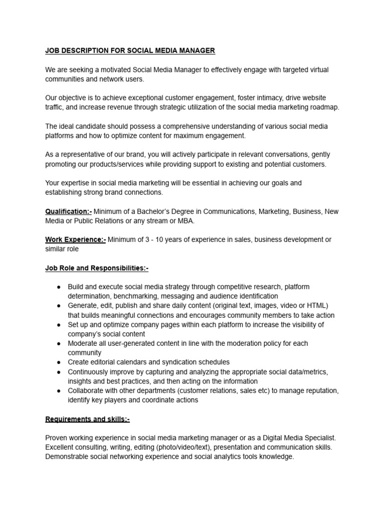 Job Description For Social Media Manager | PDF | Social Media Marketing ...